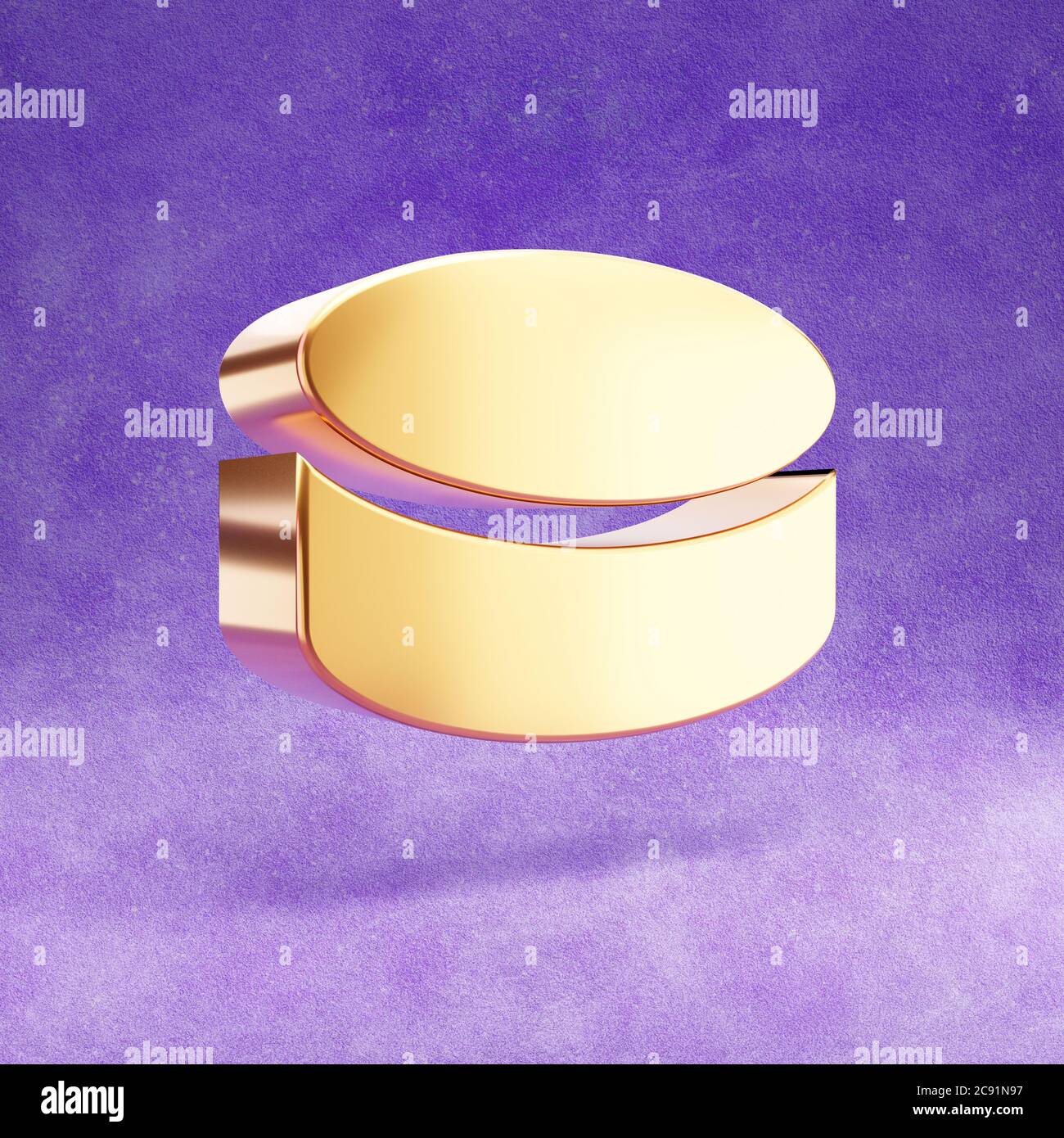Hockey puck icon. Gold glossy Hockey puck symbol isolated on violet ...