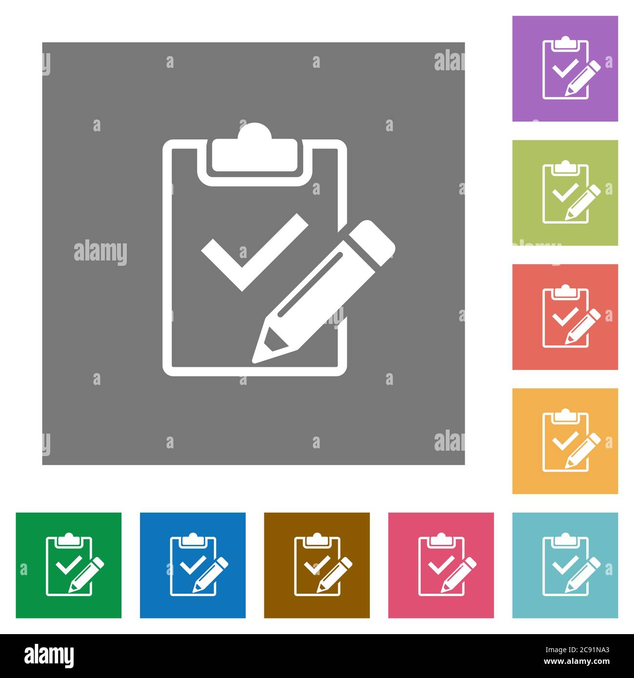 Fill out checklist flat icons on simple color square backgrounds Stock ...