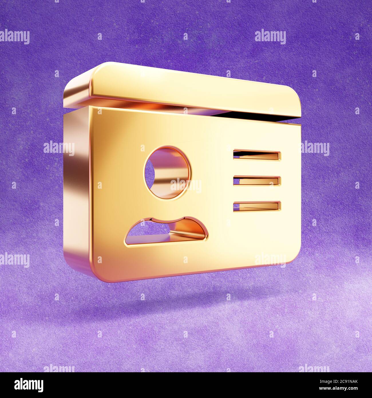 ID badge icon. Gold glossy ID badge symbol isolated on violet velvet ...