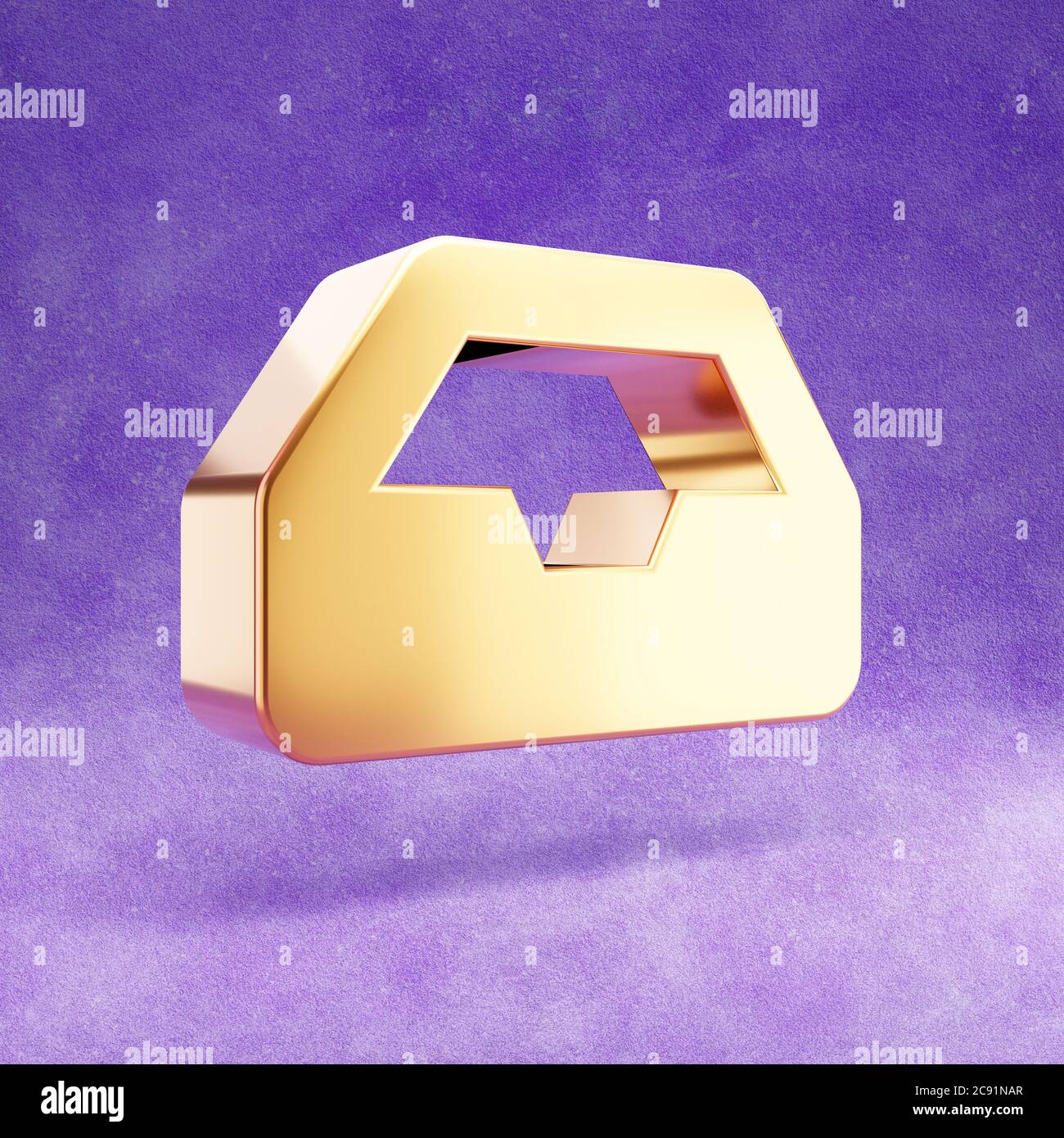 Inbox icon. Gold glossy Inbox symbol isolated on violet velvet ...
