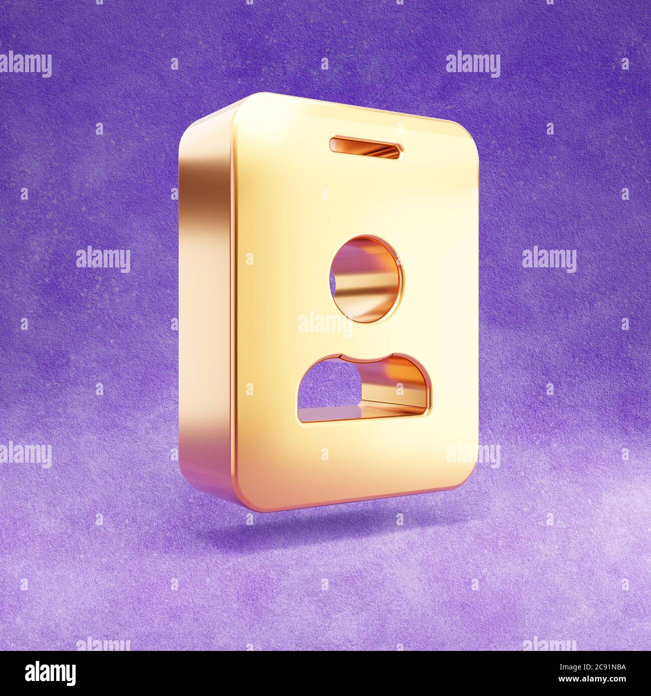 ID badge icon. Gold glossy ID badge symbol isolated on violet velvet ...