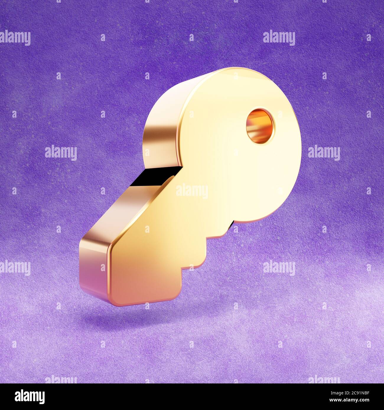 Key icon. Gold glossy Key symbol isolated on violet velvet background ...