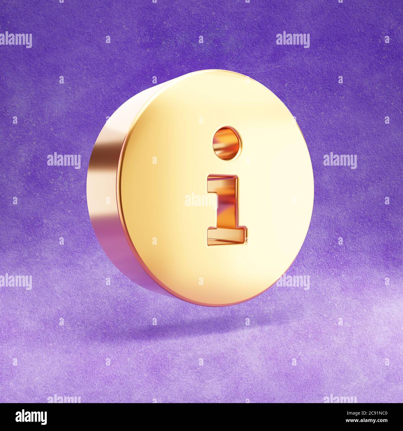 Info icon. Gold glossy information symbol isolated on violet velvet ...