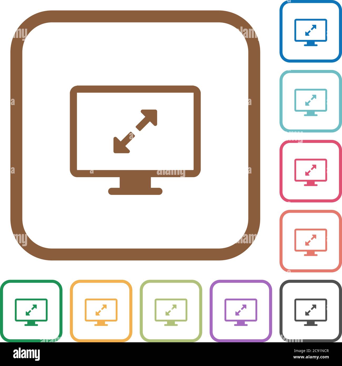 Adjust screen resolution simple icons in color rounded square frames on ...