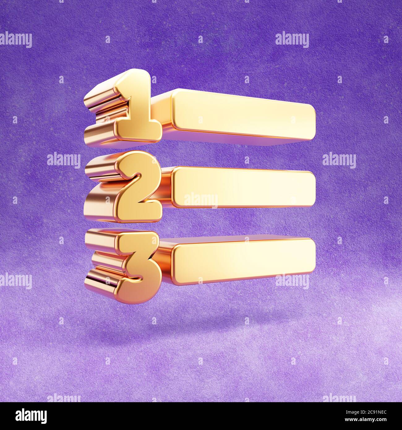 Ordered List icon. Gold glossy List symbol isolated on violet velvet ...