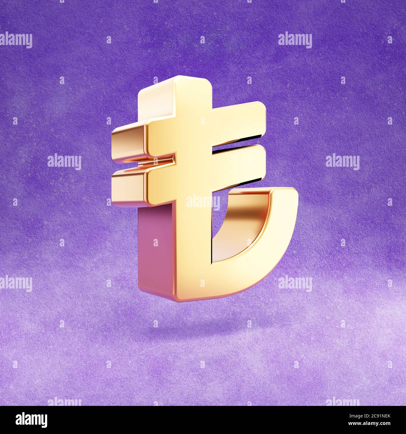 Lira icon. Gold glossy Lira symbol isolated on violet velvet background ...