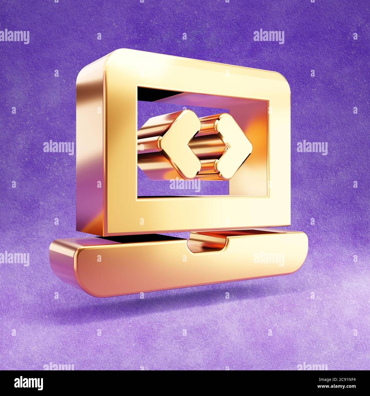 Laptop code icon. Gold glossy Laptop code symbol isolated on violet ...