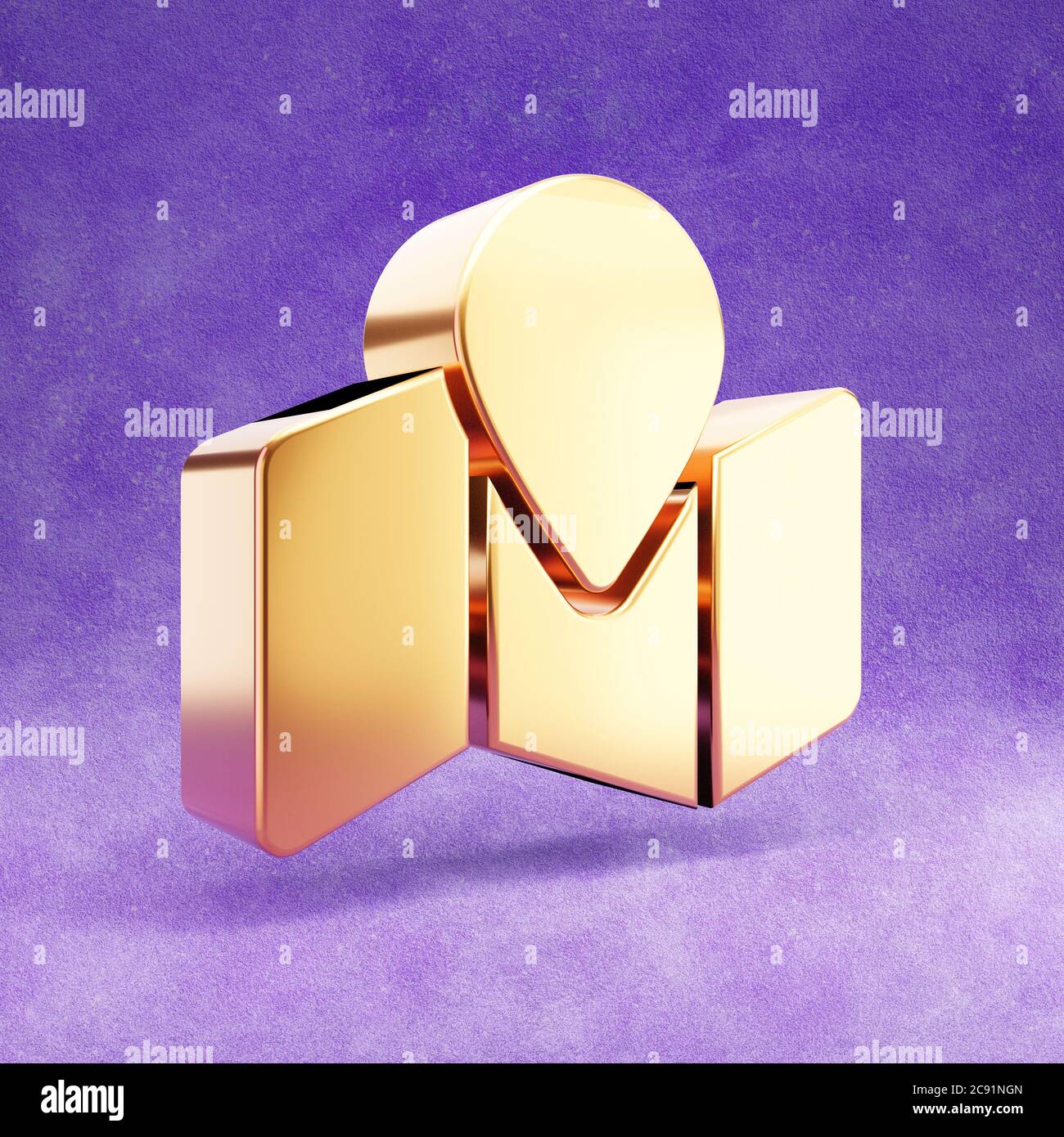Marked Map icon. Gold glossy Map symbol isolated on violet velvet ...