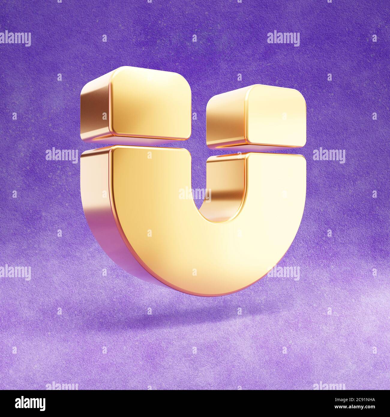 Magnet icon. Gold glossy Magnet symbol isolated on violet velvet ...