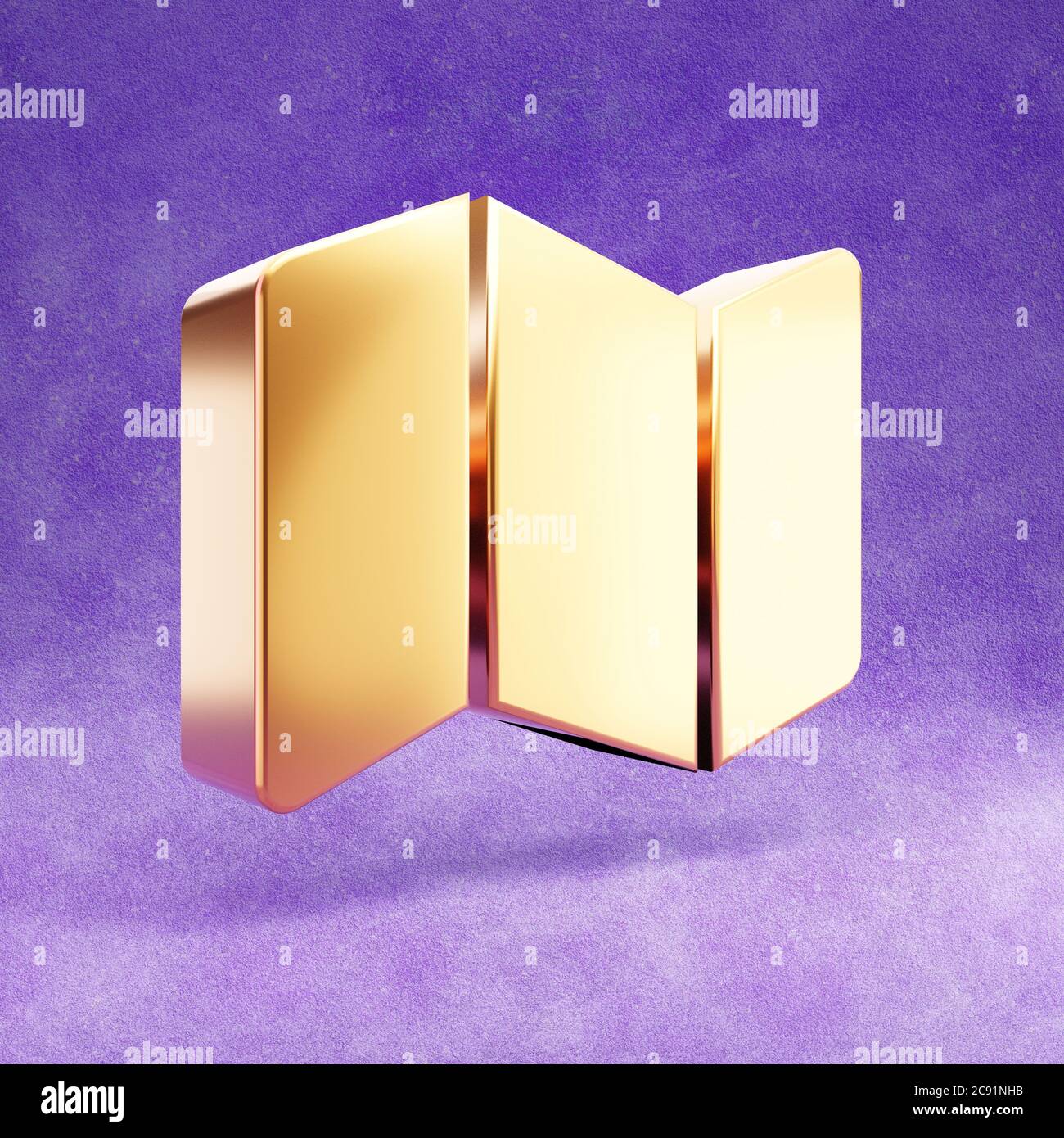 Map icon. Gold glossy Map symbol isolated on violet velvet background ...