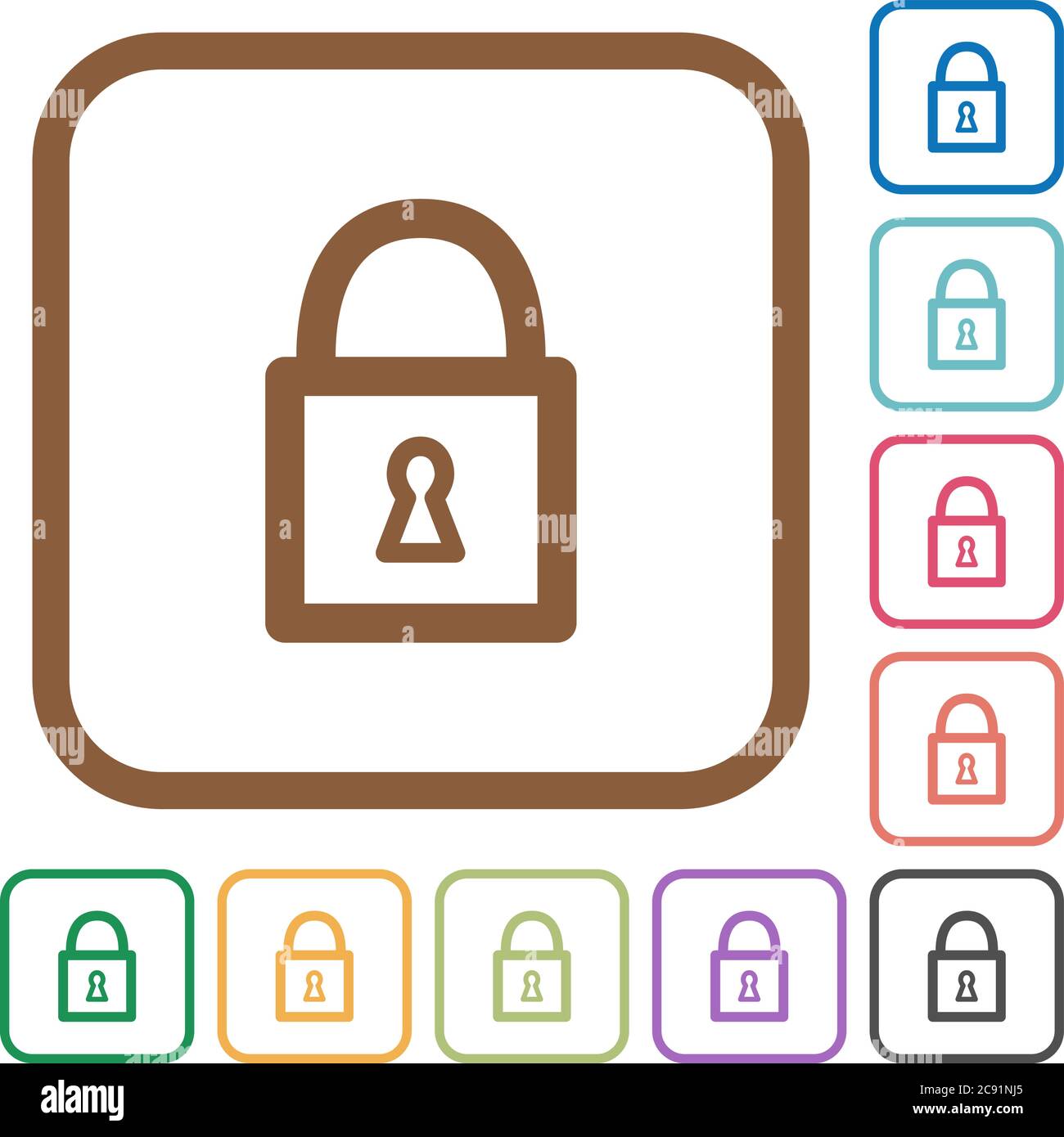 Locked padlock simple icons in color rounded square frames on white ...