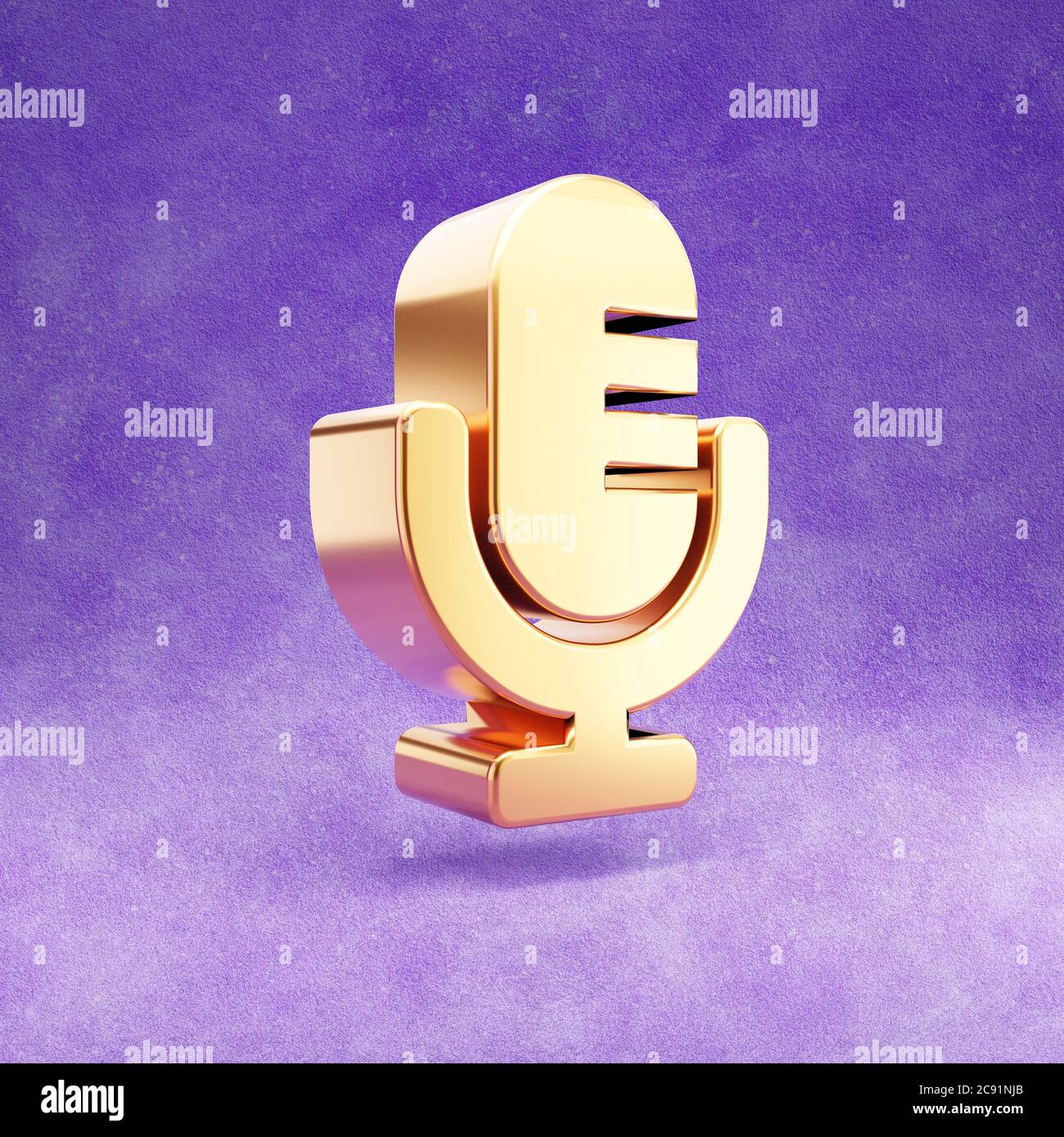 Microphone icon. Gold glossy Microphone symbol isolated on violet ...