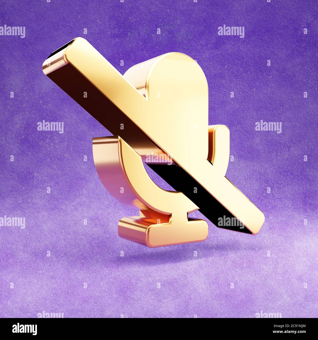 Microphone slash icon. Gold glossy Microphone symbol isolated on violet ...