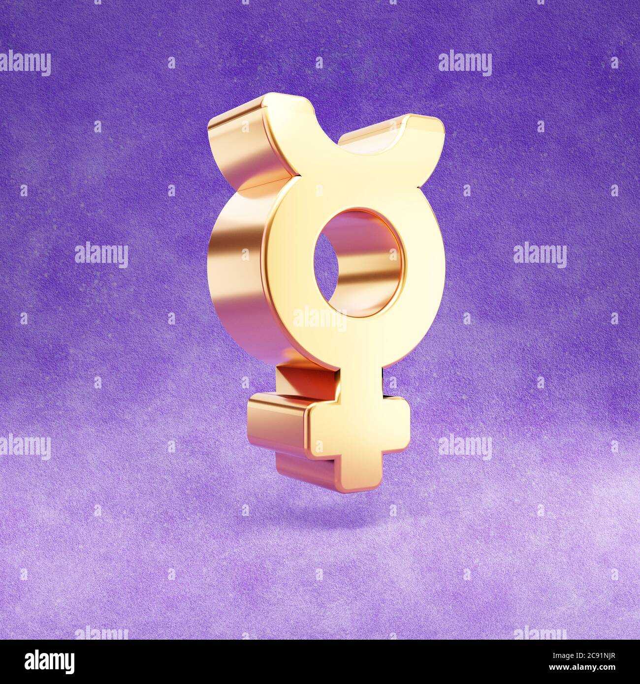 Mercury icon. Gold glossy Mercury symbol isolated on violet velvet ...
