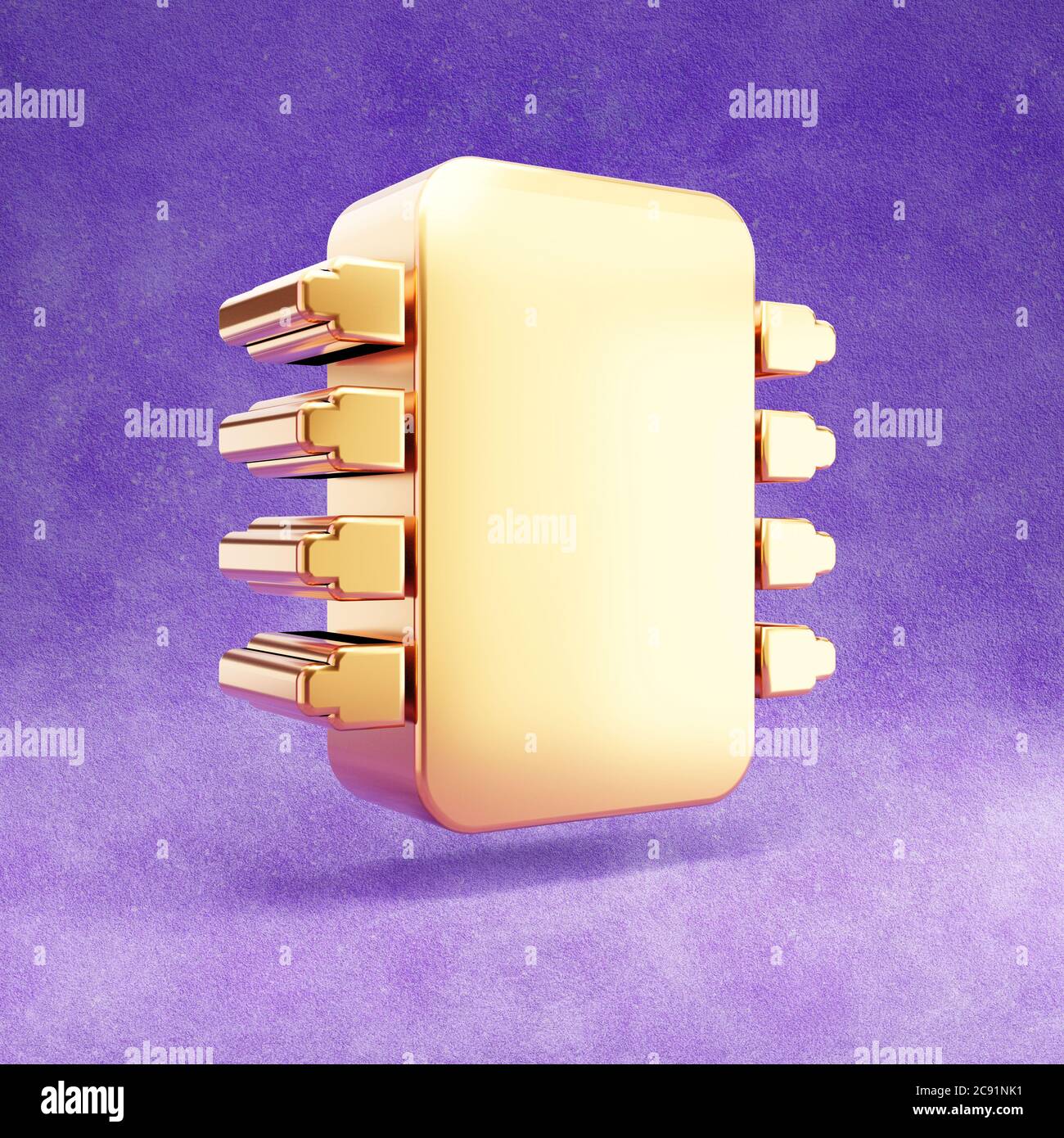 Microchip icon. Gold glossy Microchip symbol isolated on violet velvet ...