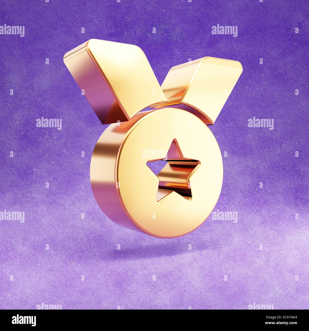 Medal icon. Gold glossy Medal symbol isolated on violet velvet ...