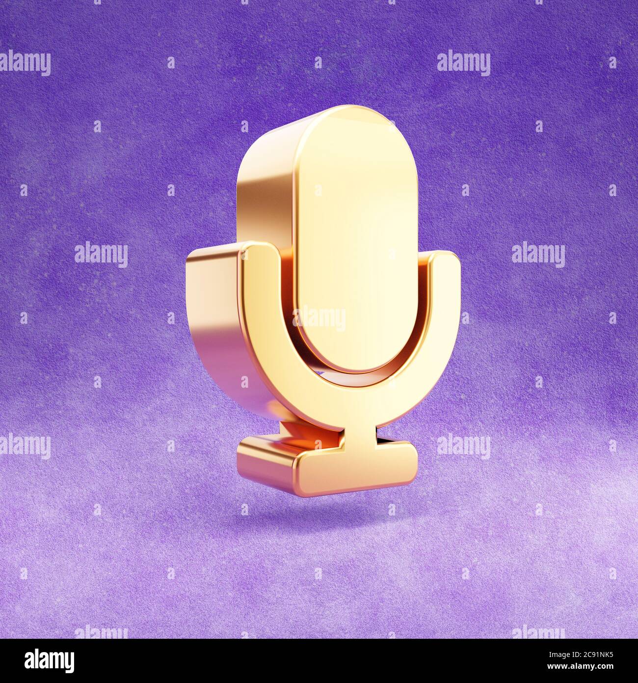 Microphone icon. Gold glossy Microphone symbol isolated on violet ...