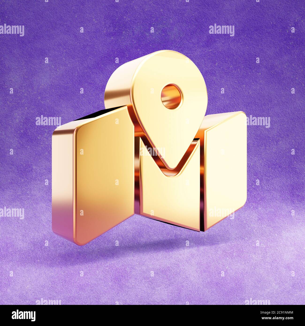 Marked Map icon. Gold glossy Map symbol isolated on violet velvet ...