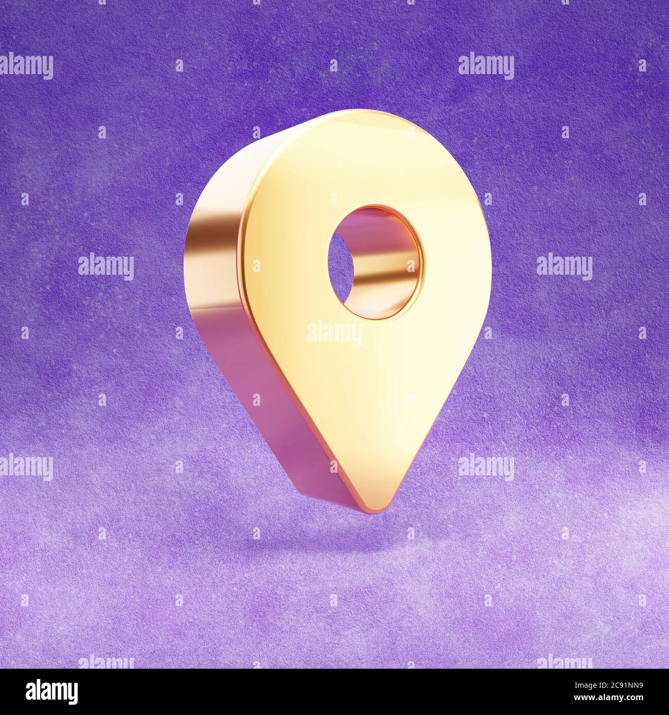 Map marker icon. Gold glossy Map symbol isolated on violet velvet ...