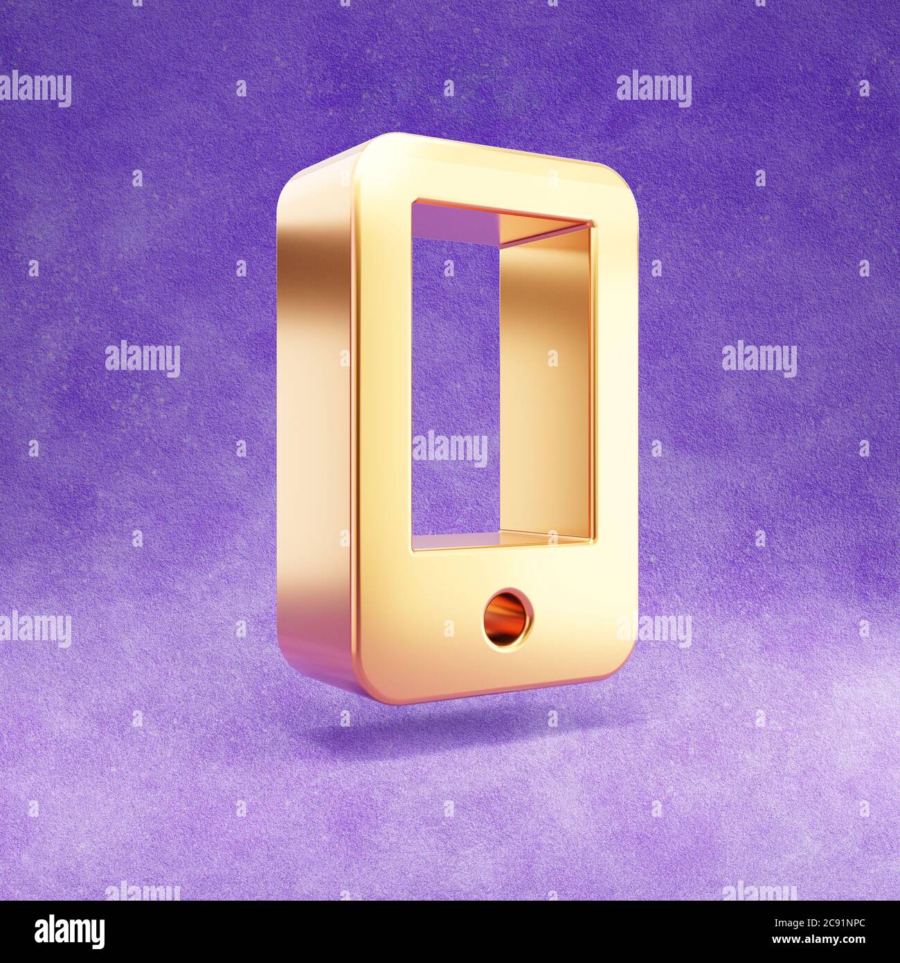 Smartphone icon. Gold glossy Smartphone symbol isolated on violet ...