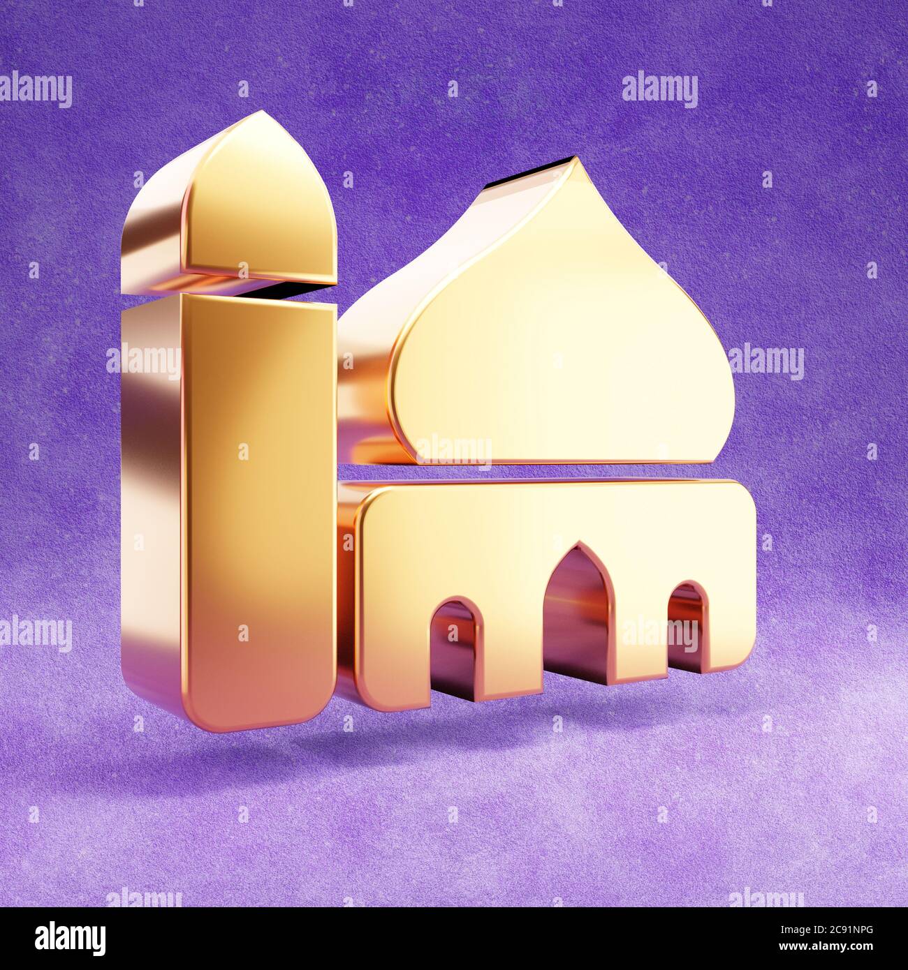 Mosque icon. Gold glossy Mosque symbol isolated on violet velvet ...