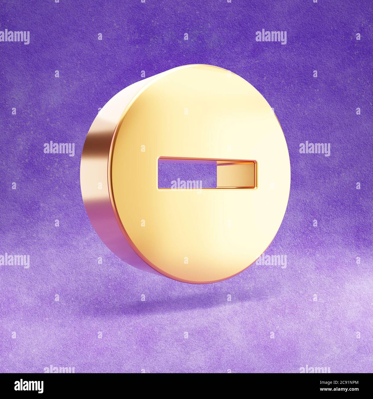 Minus icon. Gold glossy Minus symbol isolated on violet velvet ...