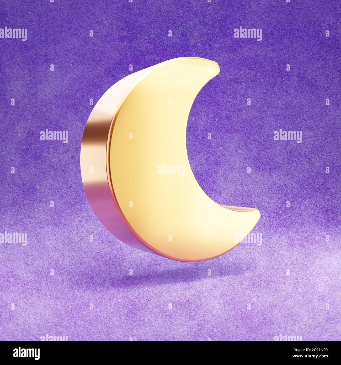 Moon icon. Gold glossy Moon symbol isolated on violet velvet background ...