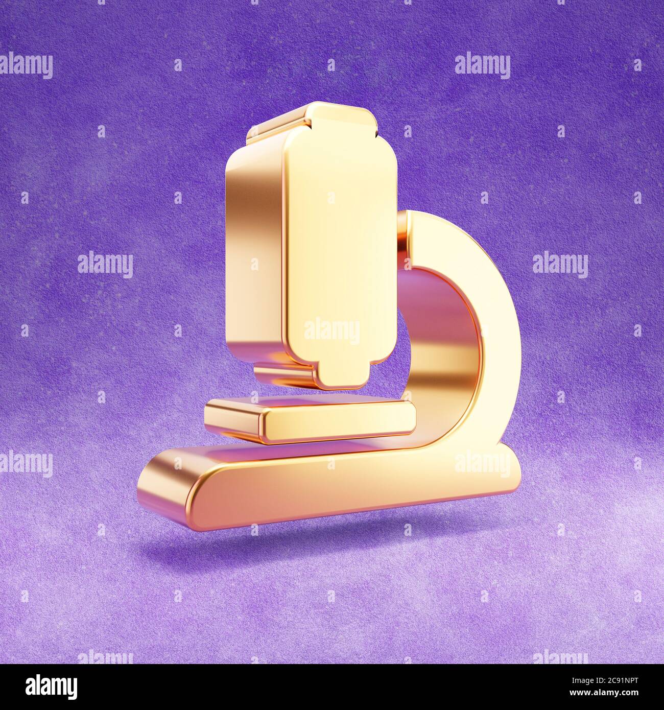 Microscope icon. Gold glossy Microscope symbol isolated on violet ...