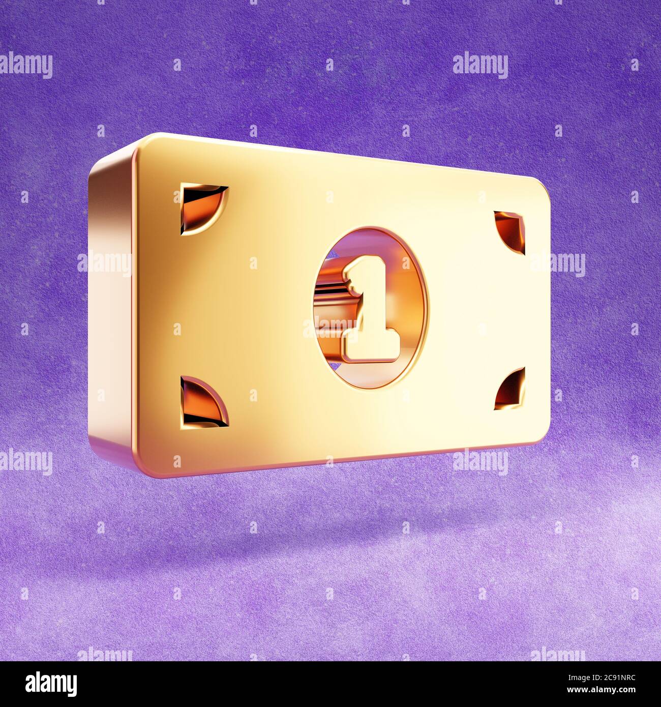 Banknote icon. Gold glossy money bill symbol isolated on violet velvet ...