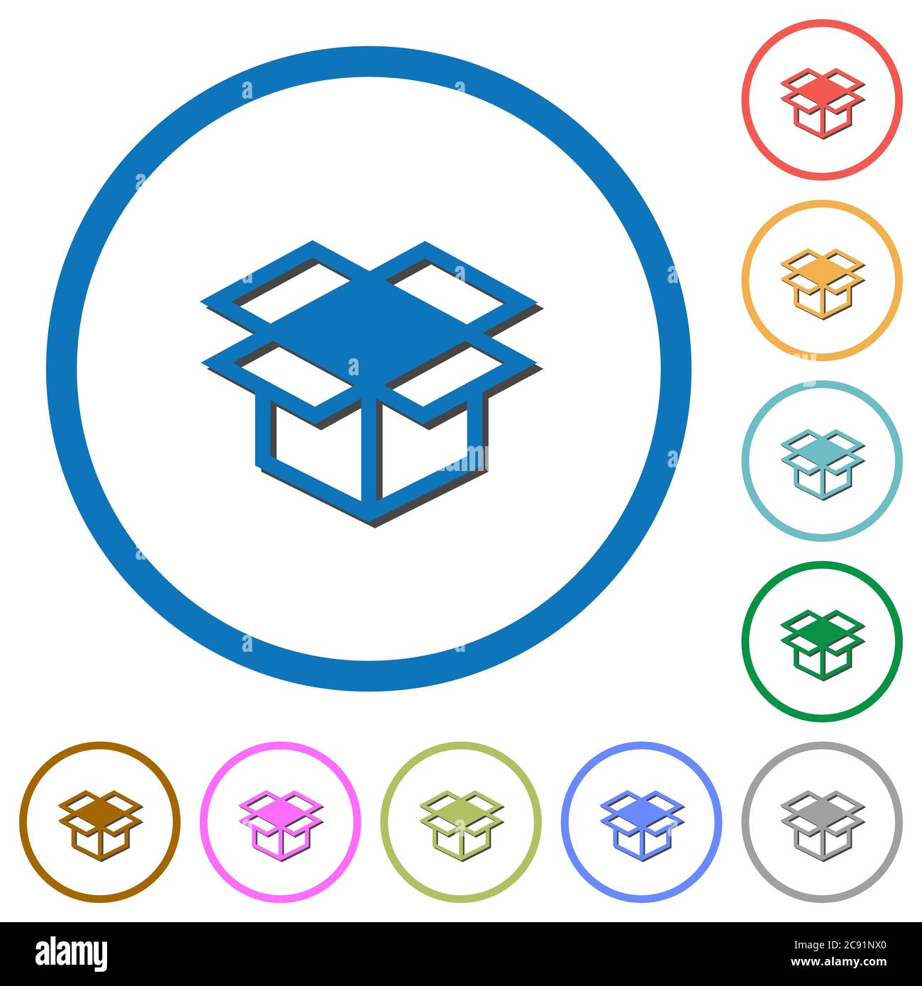 Open box flat color vector icons with shadows in round outlines on ...