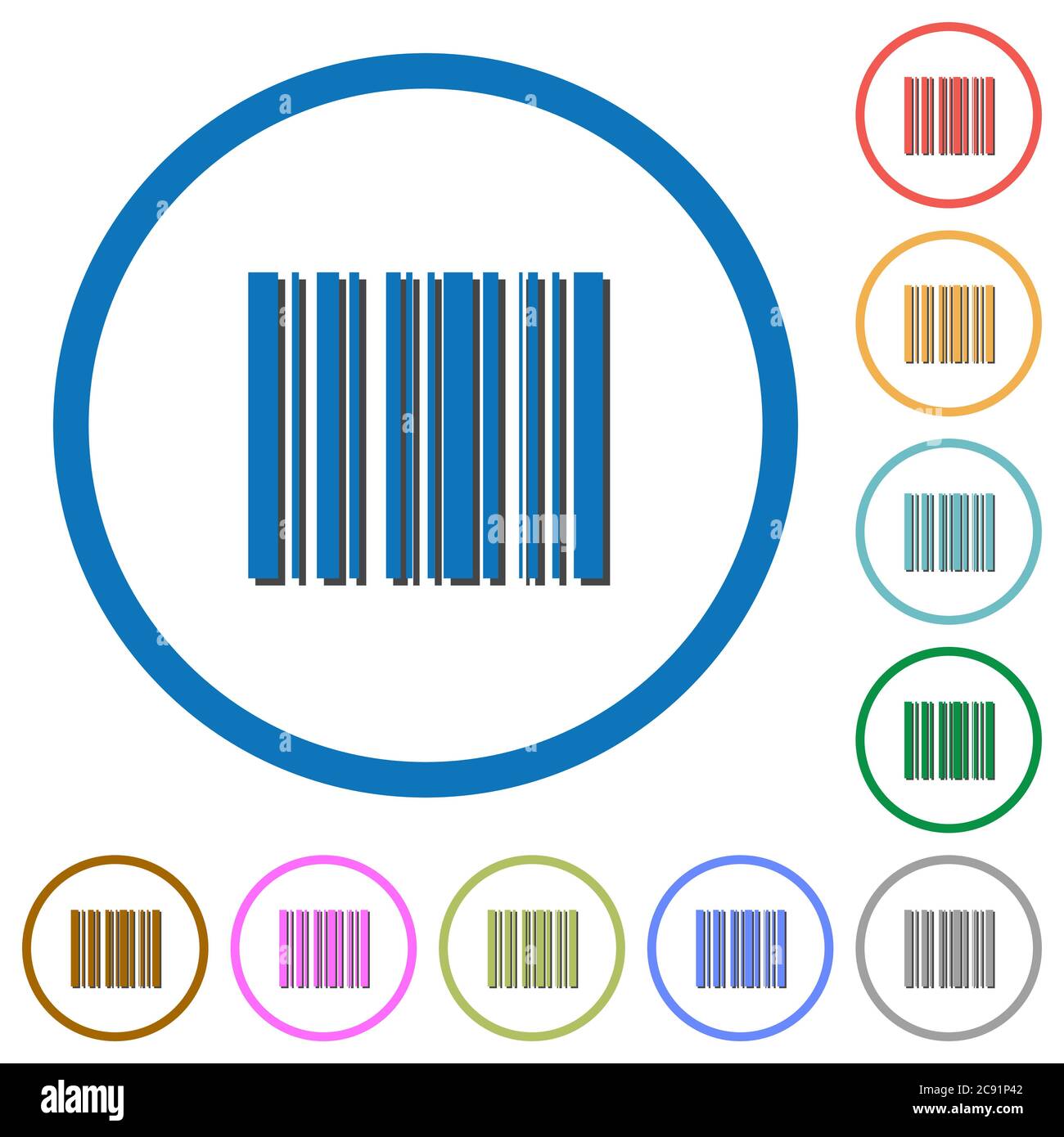 Barcode flat color vector icons with shadows in round outlines on white ...
