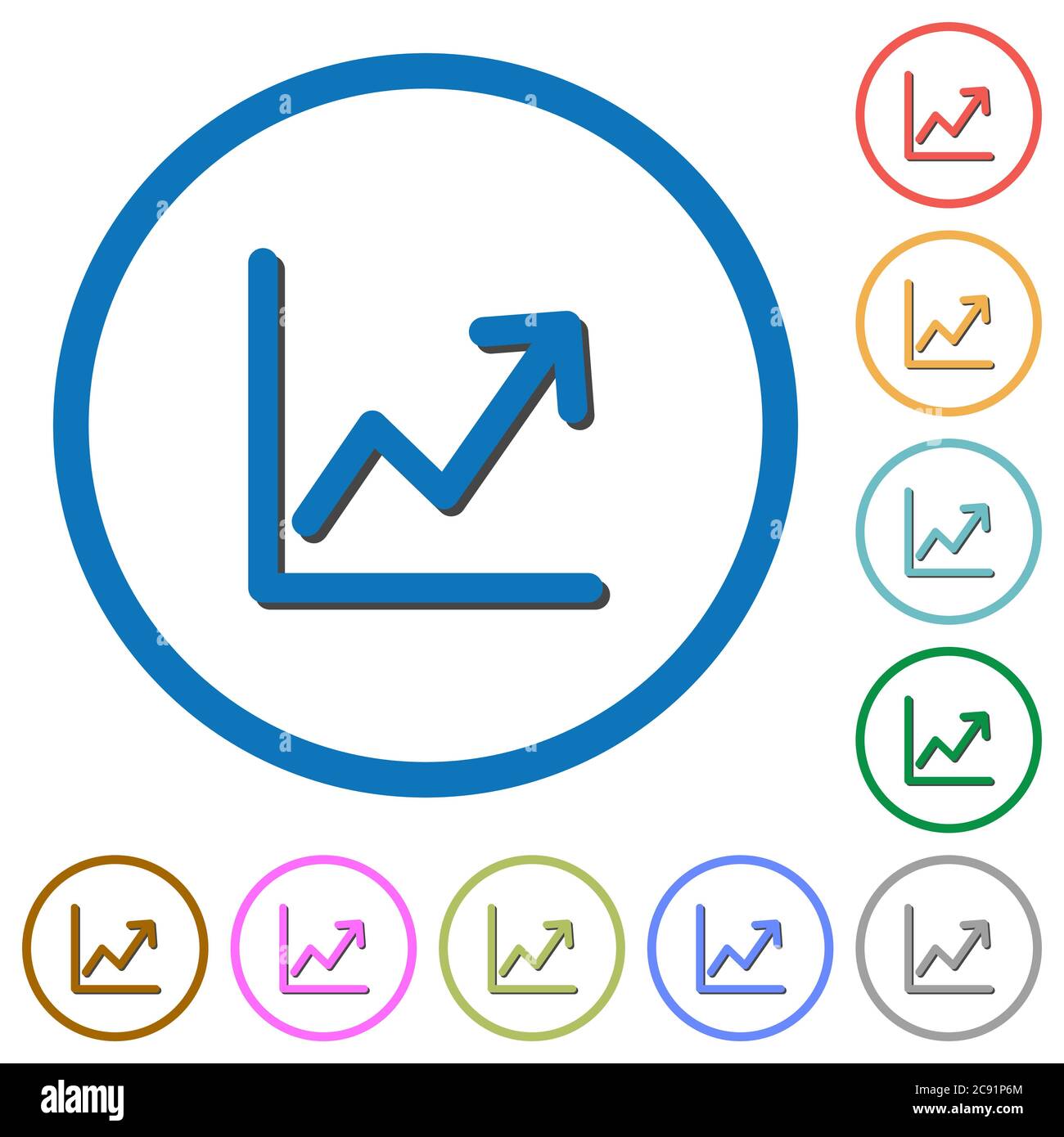 Line graph flat color vector icons with shadows in round outlines on ...