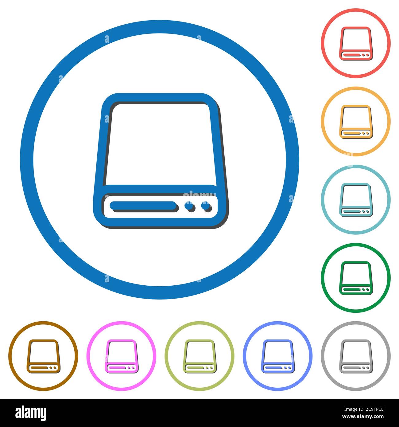 Hard disk drive flat color vector icons with shadows in round outlines ...