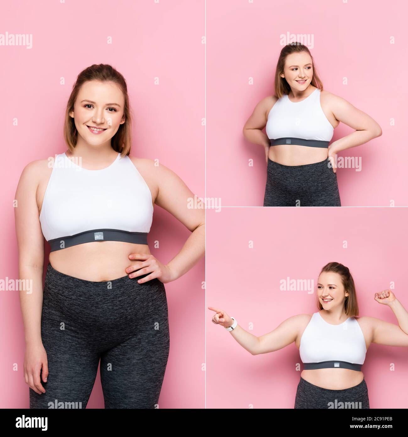 collage of smiling overweight girl standing with hands on hips and ...