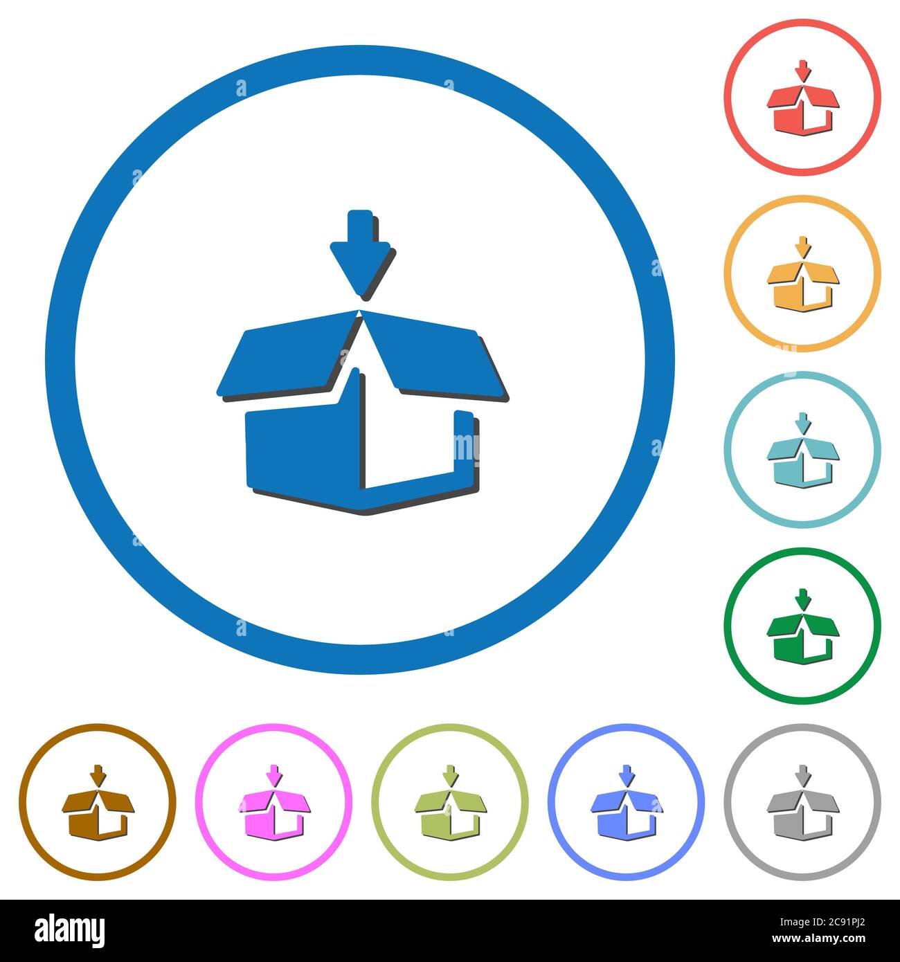 Pack flat color vector icons with shadows in round outlines on white ...