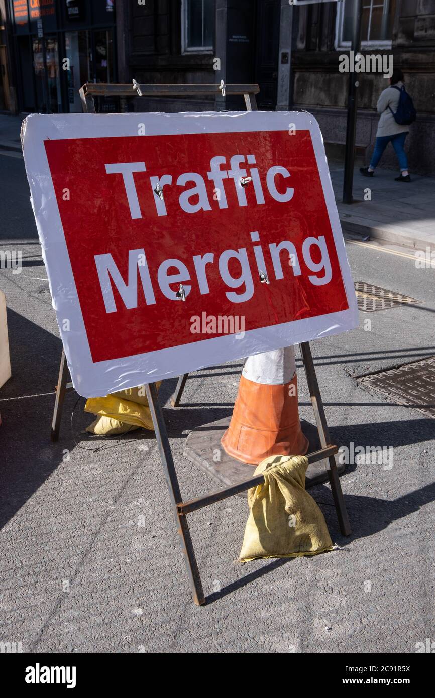 Temporary traffic merging sign in Liverpool Merseyside March 2020 Stock ...