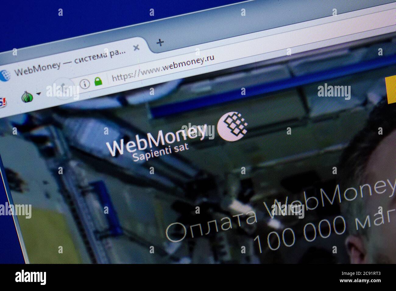 Ryazan, Russia - June 26, 2018: Homepage of Webmoney website on the display of PC. URL ...