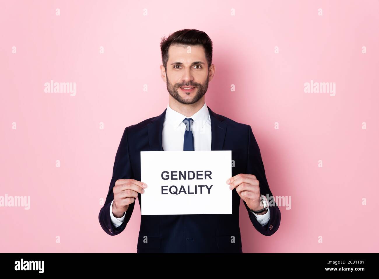 happy businessman holding placard with gender equality lettering on ...