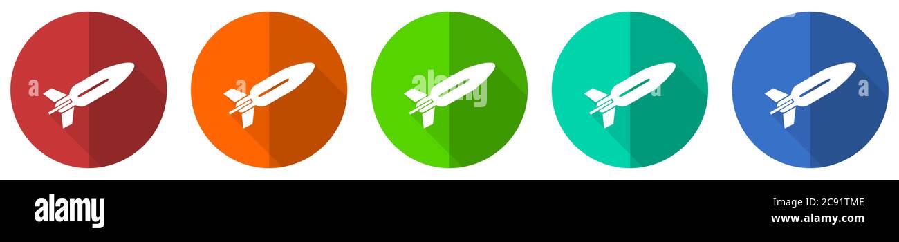 Missile icon set, rocket, weapon, war, red, blue, green and orange flat ...