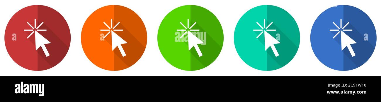 Click here icon set, red, blue, green and orange flat design web ...
