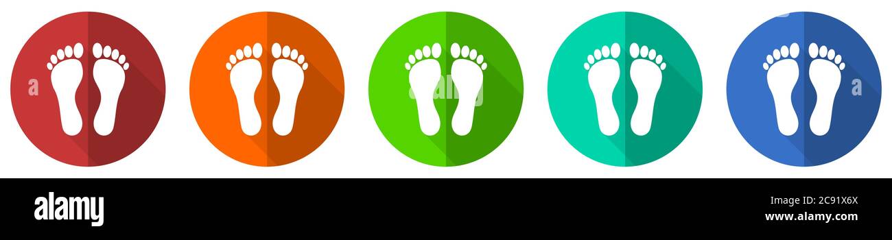 Foot icon set, red, blue, green and orange flat design web buttons ...