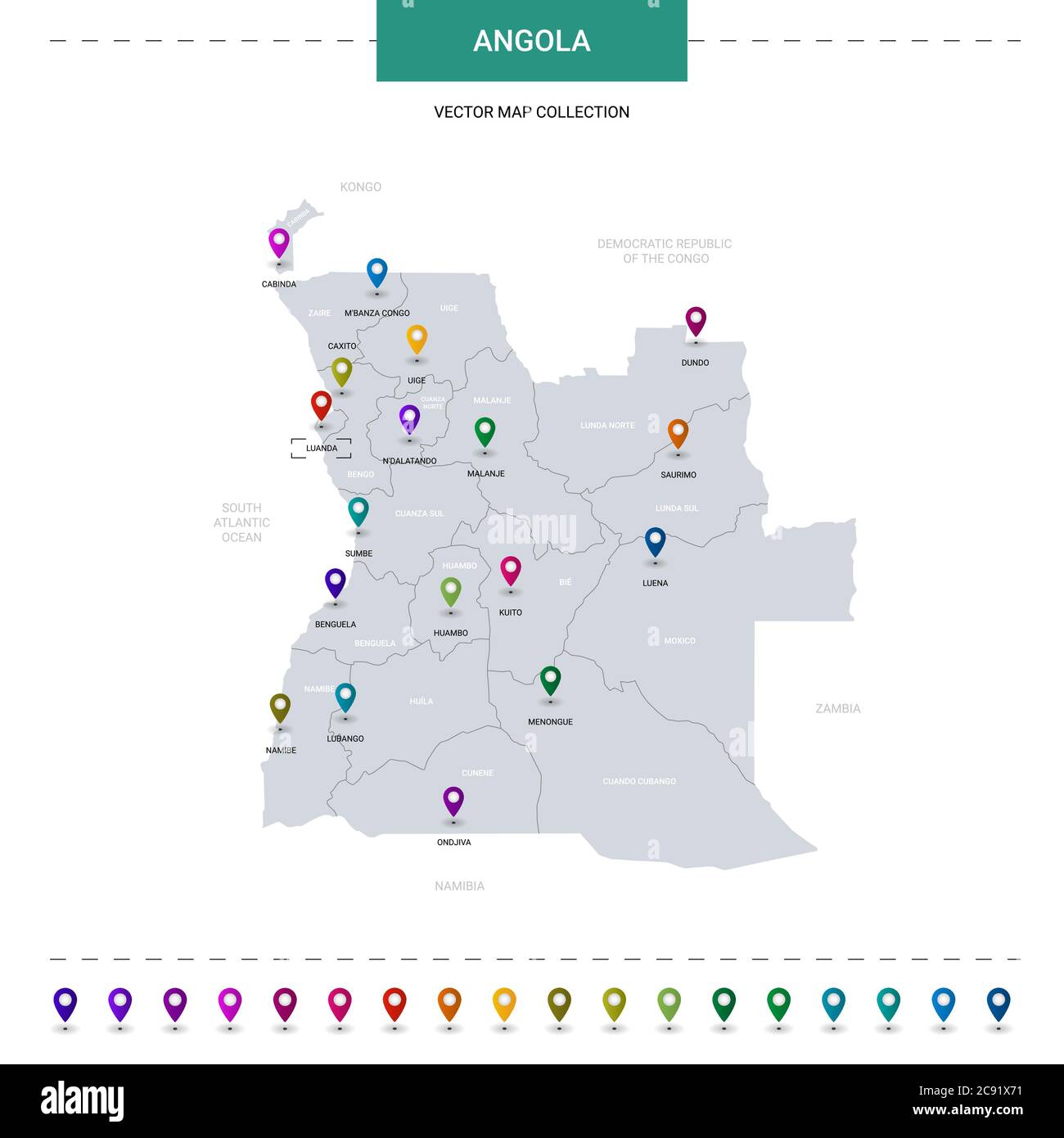 Angola map with location pointer marks. Infographic vector template ...