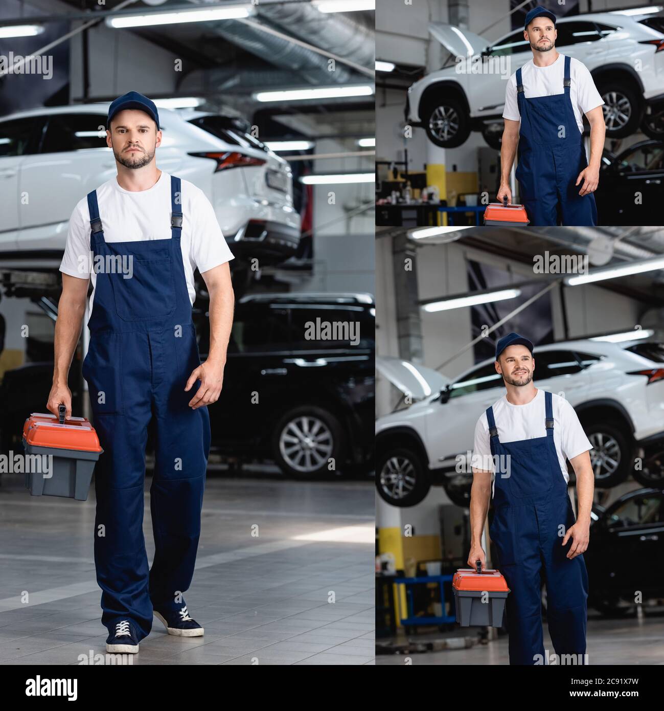 collage of happy mechanic in uniform and cap walking with toolbox in ...
