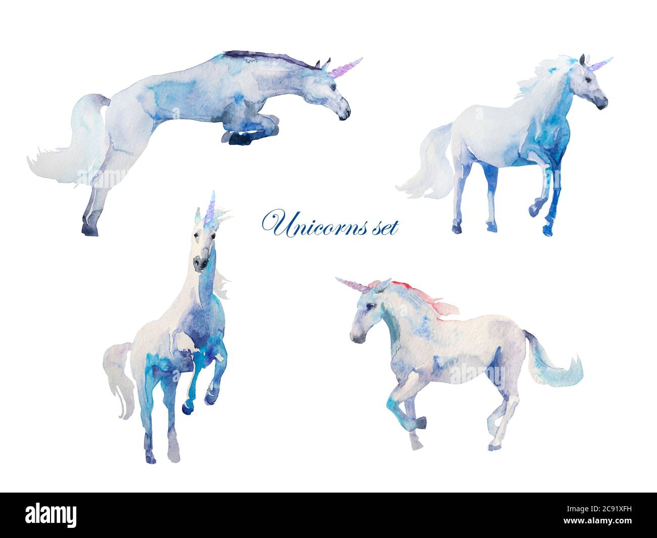 Set of watercolor unicorns in pink and blue colors, in different poses ...