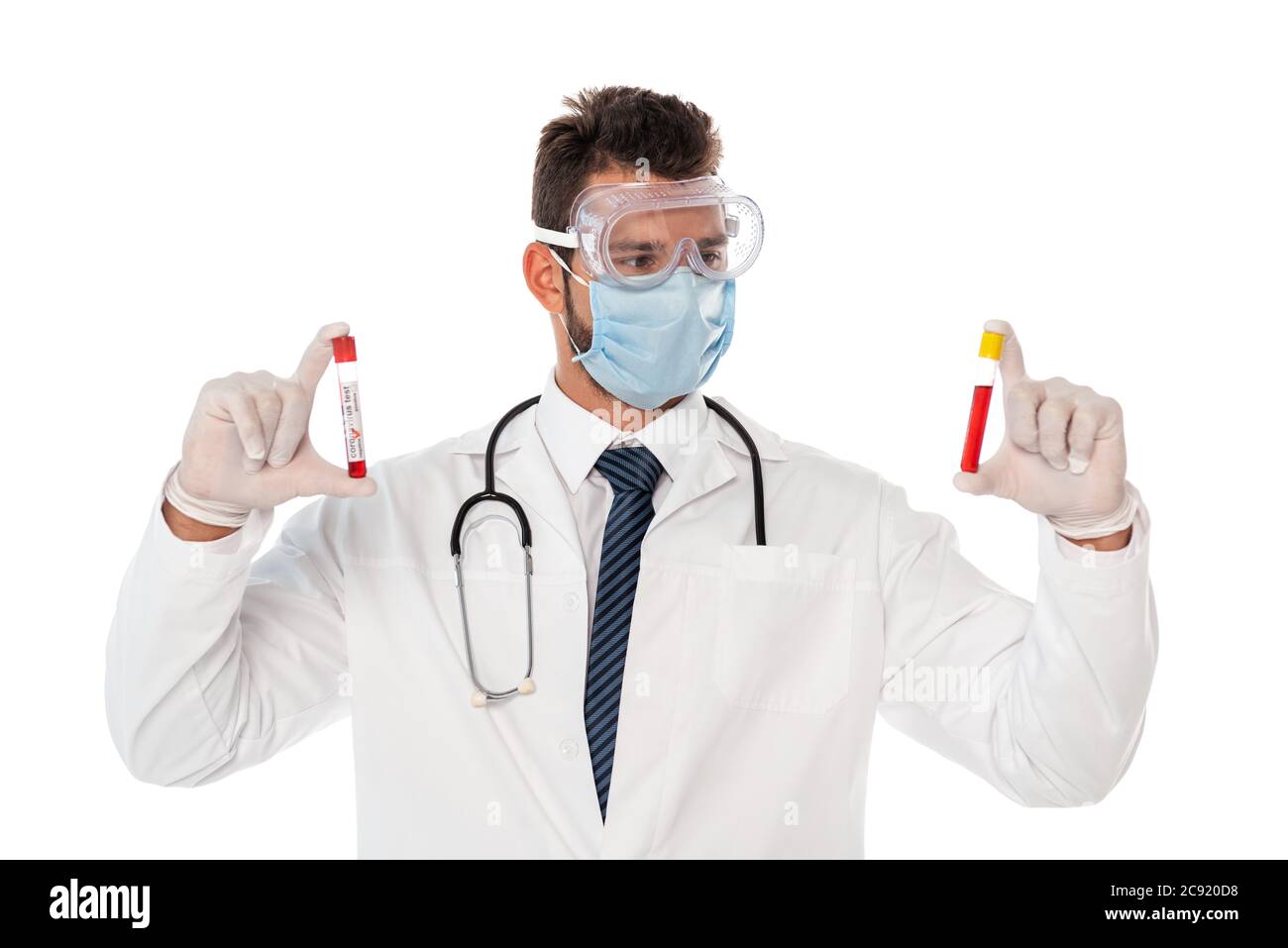 Doctor in safety mask and goggles holding test tubes of blood samples ...