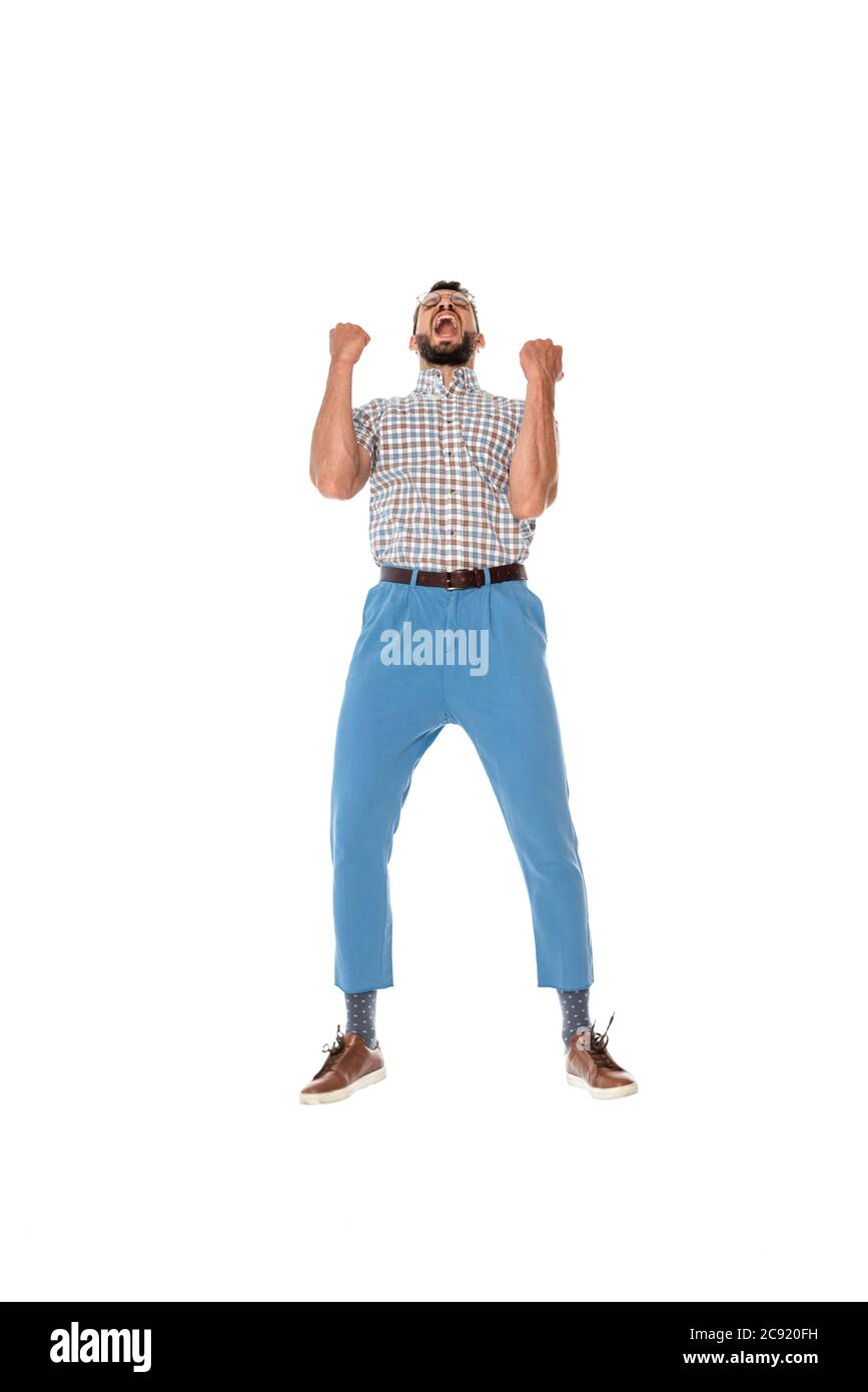 Cheerful nerd showing yeah gesture isolated on white Stock Photo - Alamy