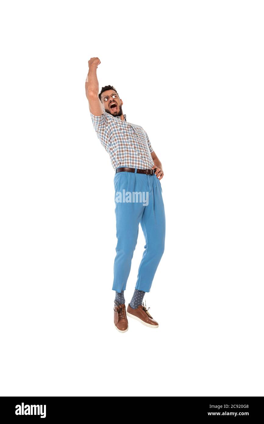 Positive nerd showing yeah gesture isolated on white Stock Photo - Alamy