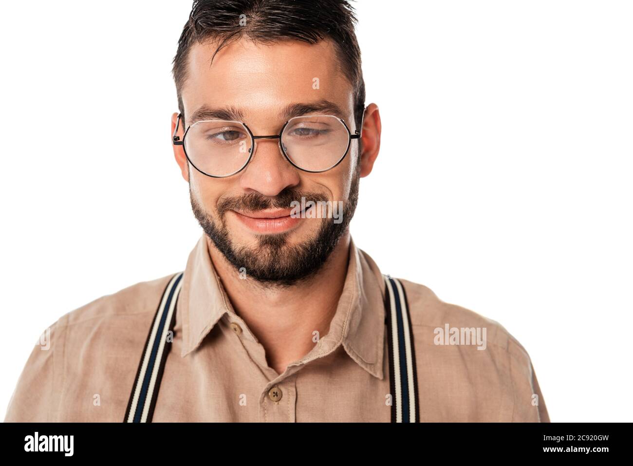Strabismus nerd in eyeglasses smiling isolated on white Stock Photo - Alamy