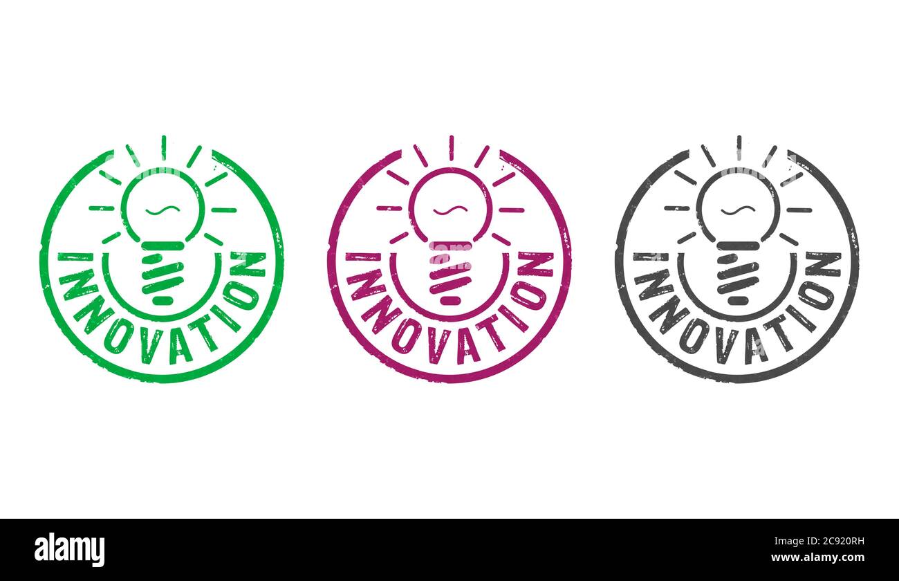 Innovation stamp icons in few color versions. New idea, success ...
