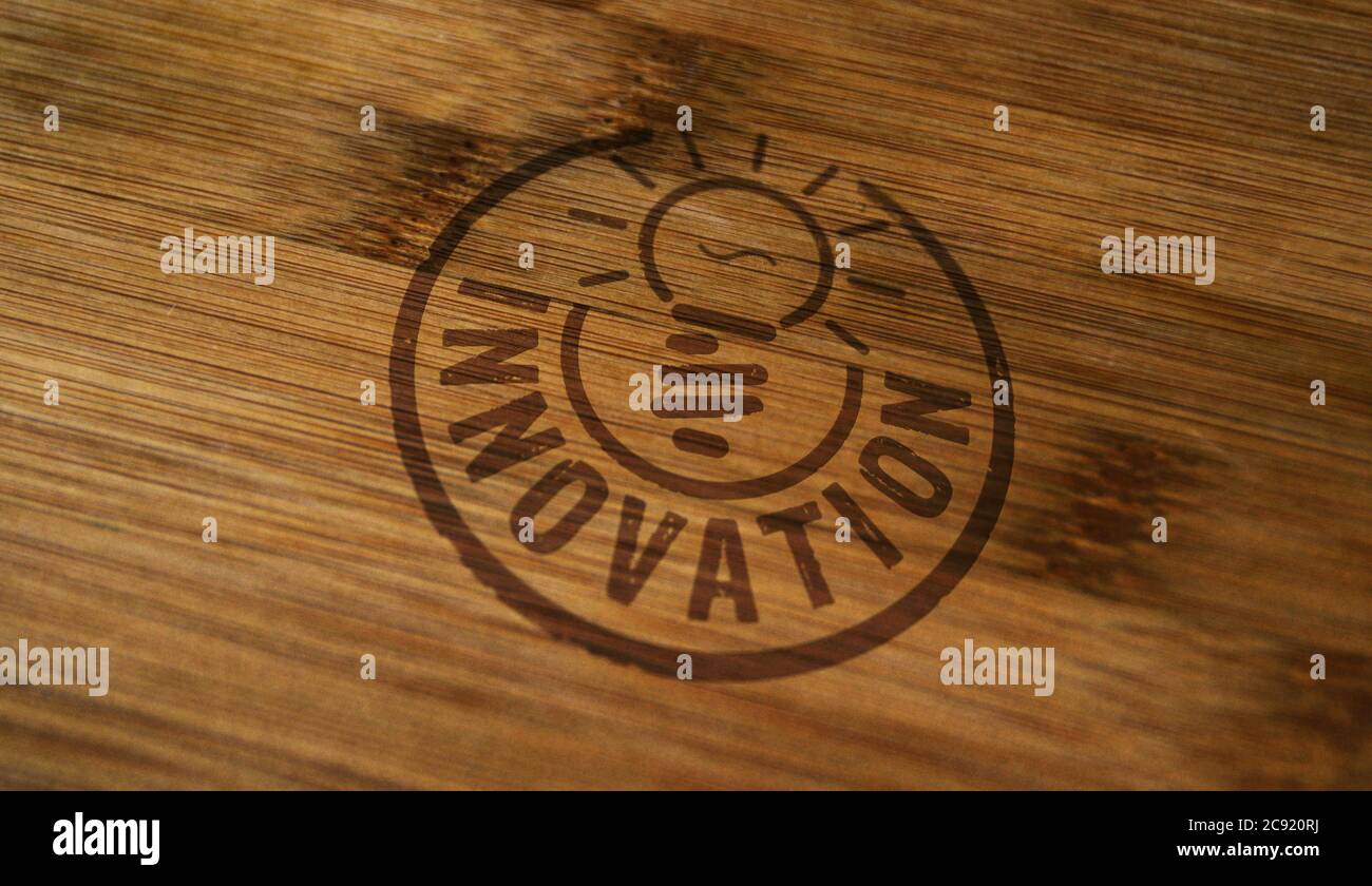 Innovation stamp printed on wooden box. New idea, success, progress ...